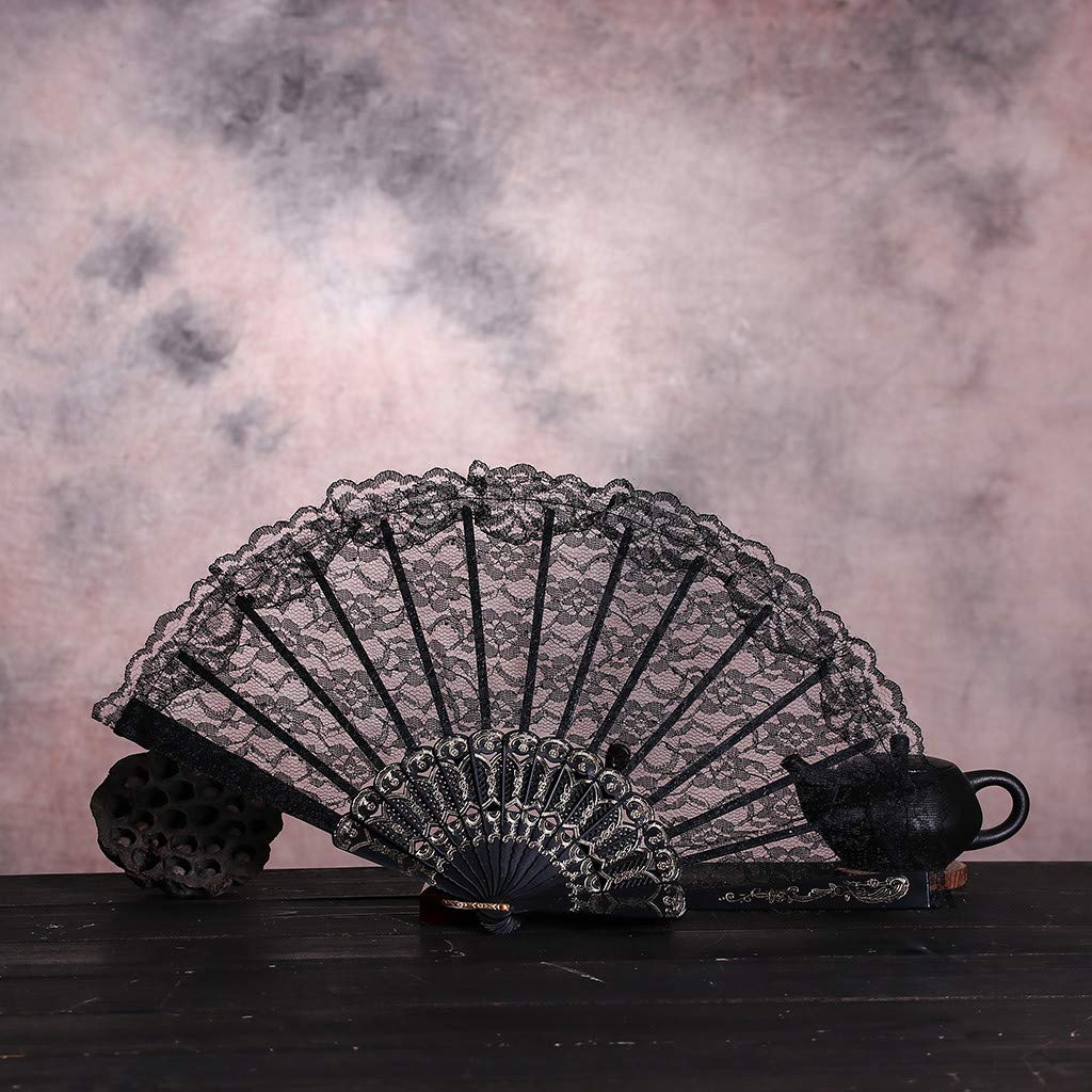 Hand Chinese Wedding Flower Lace Party Dance Style Folding Silk Held Fan Fans Fan for Bedroom Cooling Tall (Black-0, One Size)