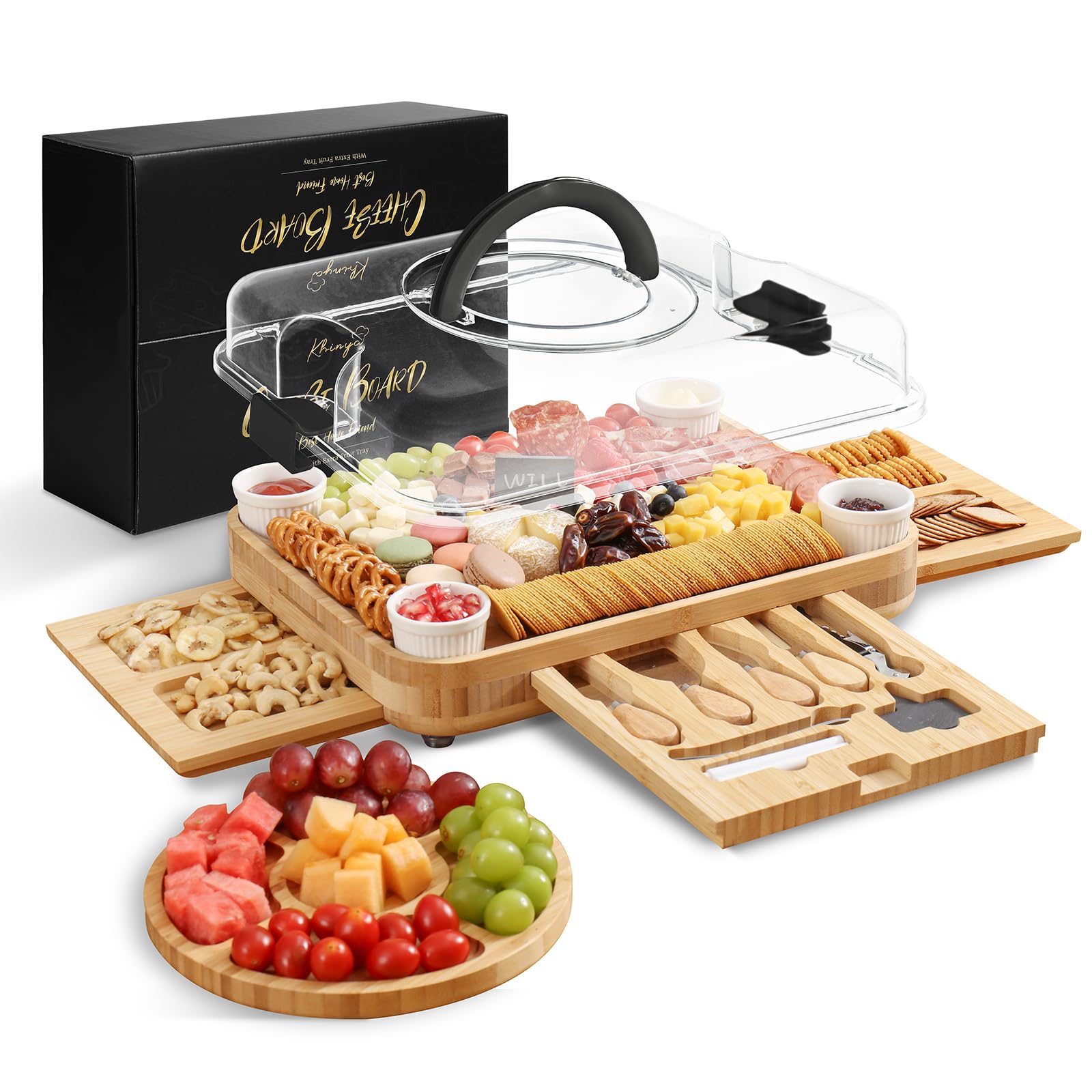 KHINYA Charcuterie Boards - Cheese Board Set, Charcuterie Board with Lid, Gifts for Women, Cheese Plate for Housewarming, Convenient Lid Design with Handle (3 Drawers Black)