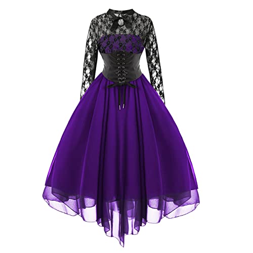 Womens Gothic Dresses Cold Shoulder Lace Chiffon Dresses Solid Color Long Sleeve Party Dresses Vintage Swing Cosplay Halloween Costumes