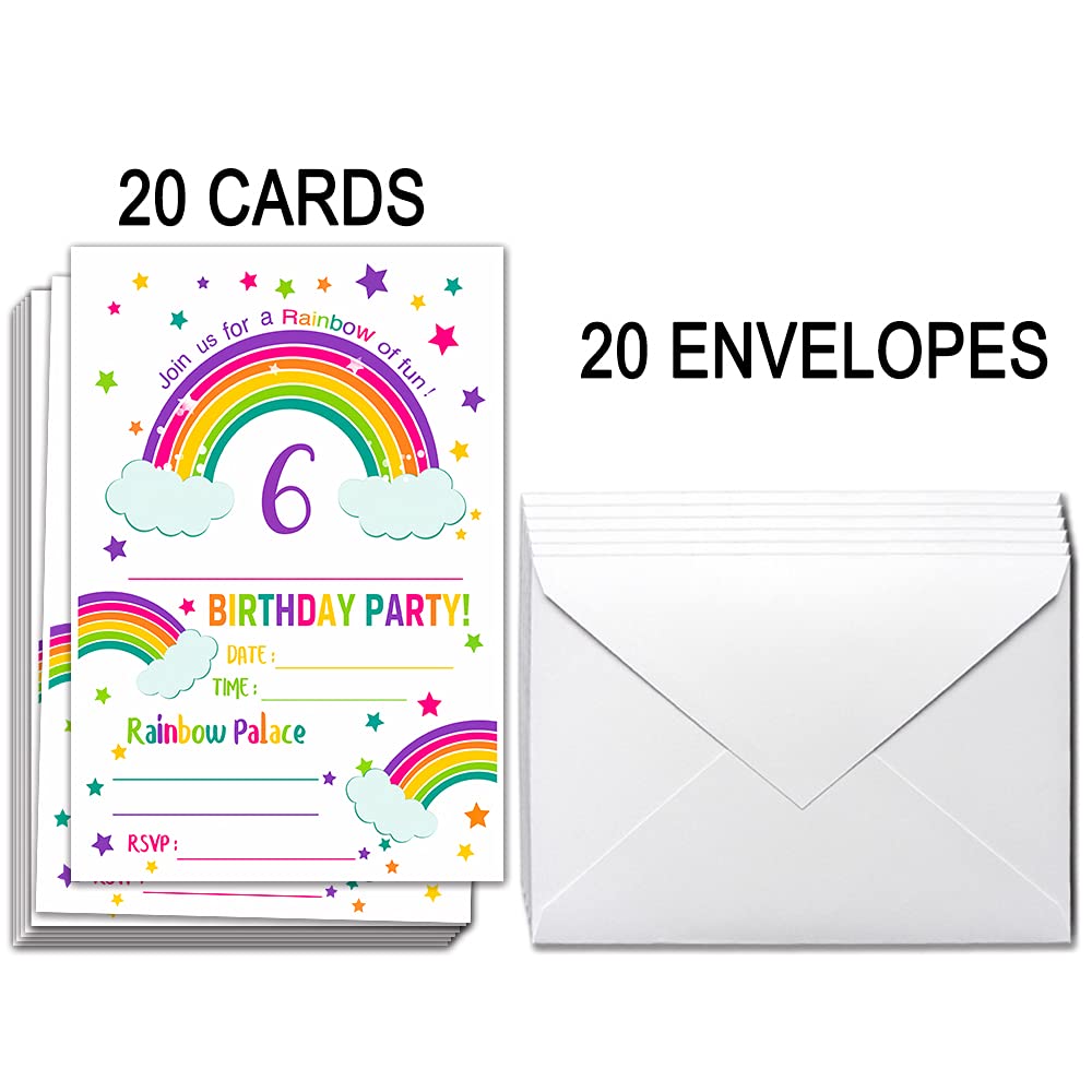 ukebobo 6th Rainbow Birthday Party Invitations with Envelopes – Birthday Party Invitations, Rainbow Party Decorations– 20 Cards With Envelopes(c03-06