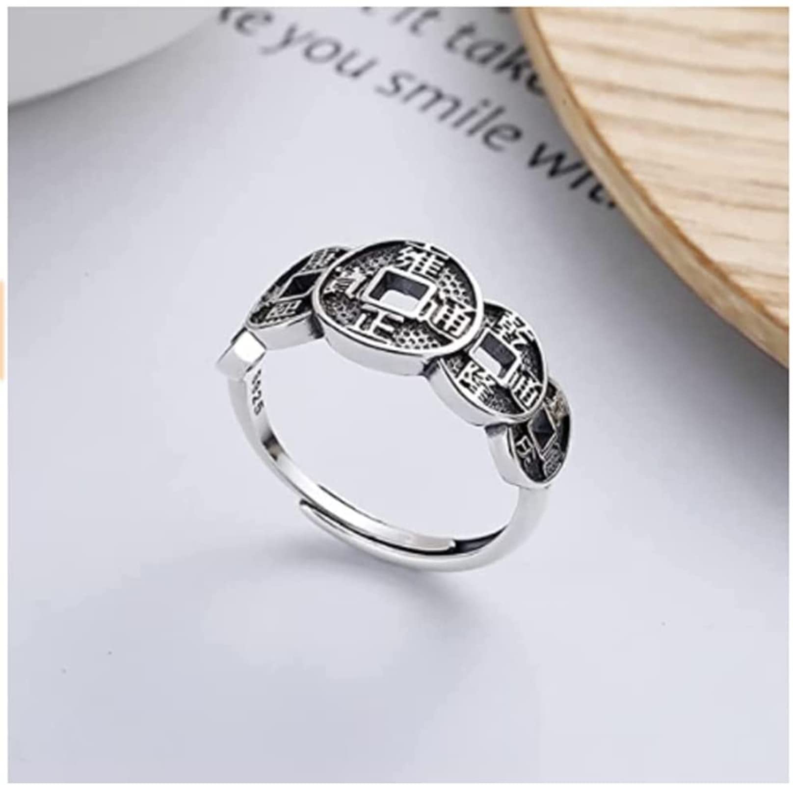Five Emperor Coin Auspicious Ring,Retro Lucky Index Finger Ring Silver, Vintage Handmade Open Adjustable Ring Lucky Coin,Unisex Attract Wealth Money and Good Luck Ring (Silver)