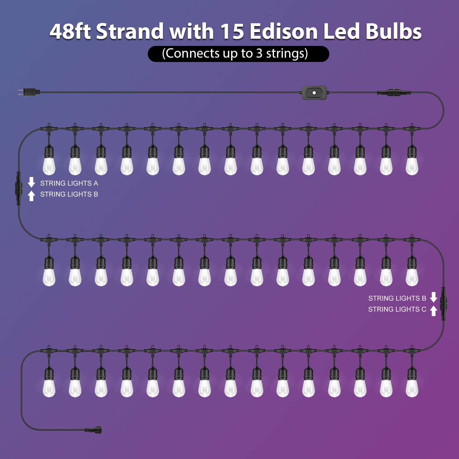 Mlambert 48FT Outdoor Patio Lights, RGB Cafe String Lights with 15 E26 S14 Shatterproof Edison Bulbs, Commercial Grade Dimmable String Lights for Bistro Backyard Garden, 2 Remote Controllers