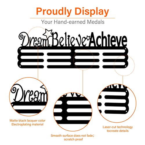 SUPERDANT Sports Medal Hanger Display Hanger Rack Dream Believe Achieve Black Iron Wall Mounted Hooks Star Medals Competition Medal Holder Display Wall Hanging for Kids Adults for Over 60