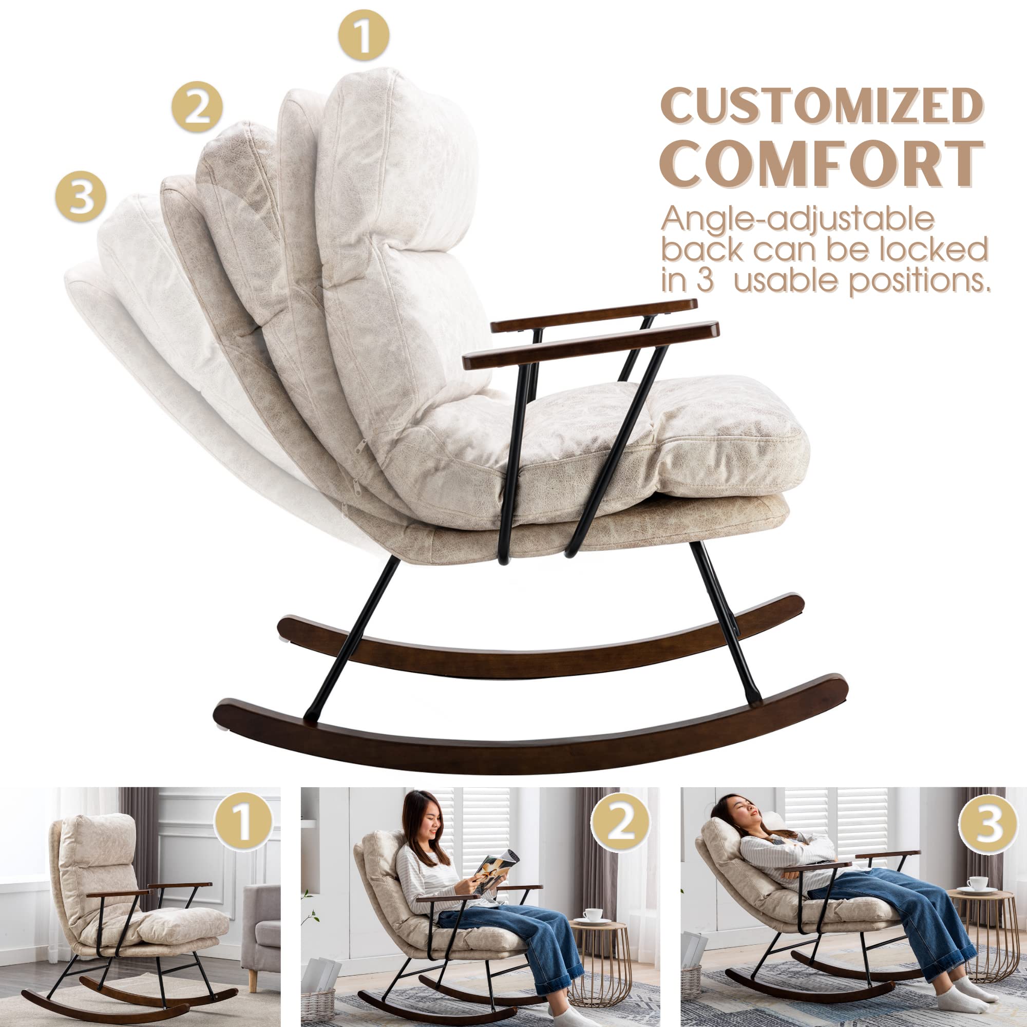 HNY Modern Rocking Chair Nursery with Wood Arms, PU Leather Overstuffed Upholstered Glider Rocker Chair with Adjustable Backrest, 22" Wide Armchair for Living Room/Bedroom/Small Space, Cream