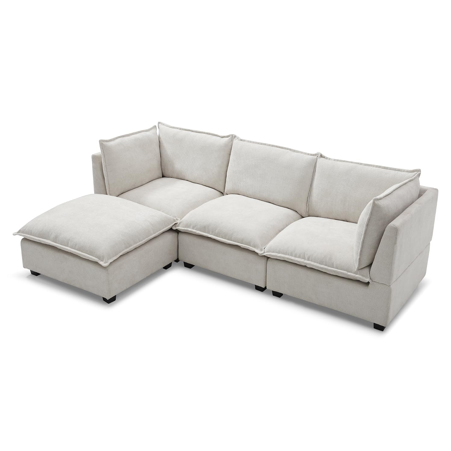kevinplus 99.3'' Sectional Sofa Couch Cloud Sofa Couch Dupes with Feather Filled for Living Room, Modern Modular 3-Seat L-Shape Sofa Couch with Convertible Ottoman, Linen Fabric, Beige