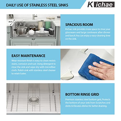 Kichae 30 Inch Farmhouse Apron Front Kitchen Sink Stainless Steel Single Bowl Kitchen Farm Sinks 30" Undermount Single Basin Farmer Sink