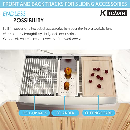 Kichae 30 Inch Farmhouse Sink Stainless Steel, Apron Front Farm Sink for Kitchen, Undermount Workstation Sink with Integrated Ledge, 30x22 Deep Single Bowl Kitchen Sink with Accessories