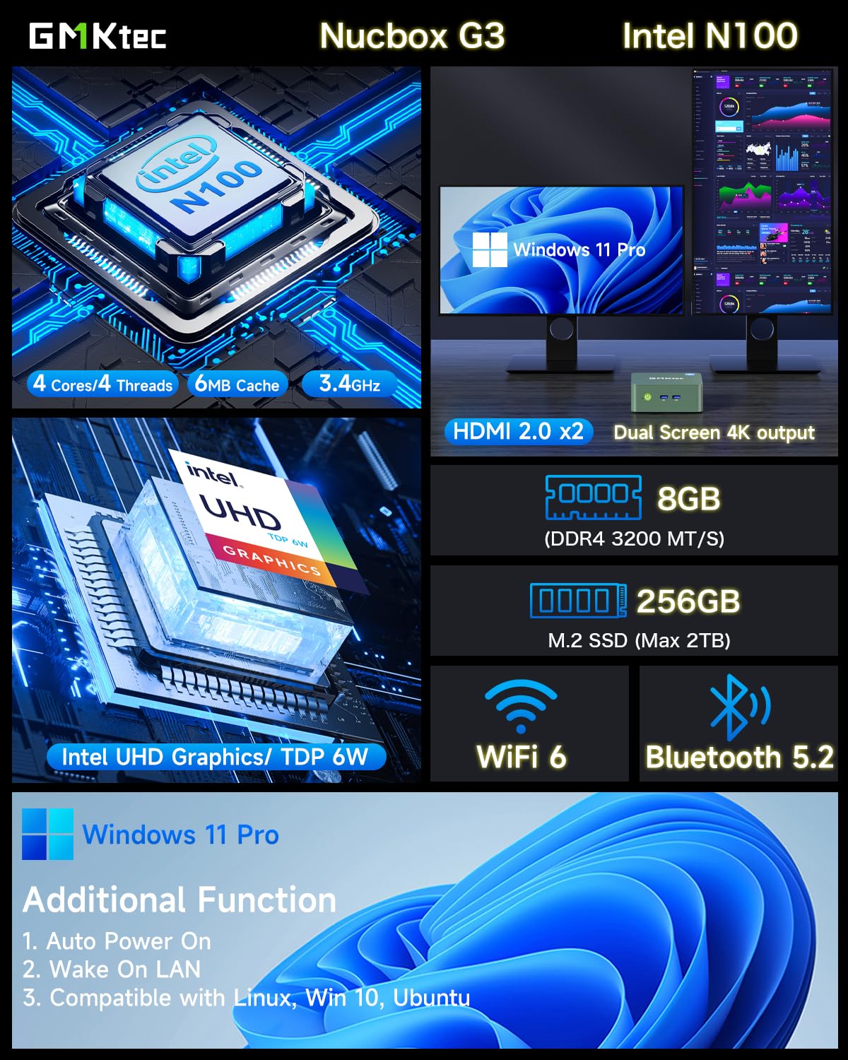 GMKtec Mini PC Preinstalled Windows 11 Pro 16GB RAM 512GB SSD, Micro Computers Intel N6005 (3.3GHz), Desktop Computer with 4K Triple Display, Dual LAN, WiFi6, BT5.2, NucBox7 for Office/Home/Business