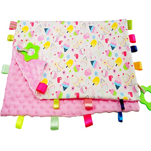 Pink Lovey Babies Tags Blanket Girl Newborn Soft Baby Security Blanket Taggy Sensory Blanket Large Size for Infant Toddler, 21 * 18 inch