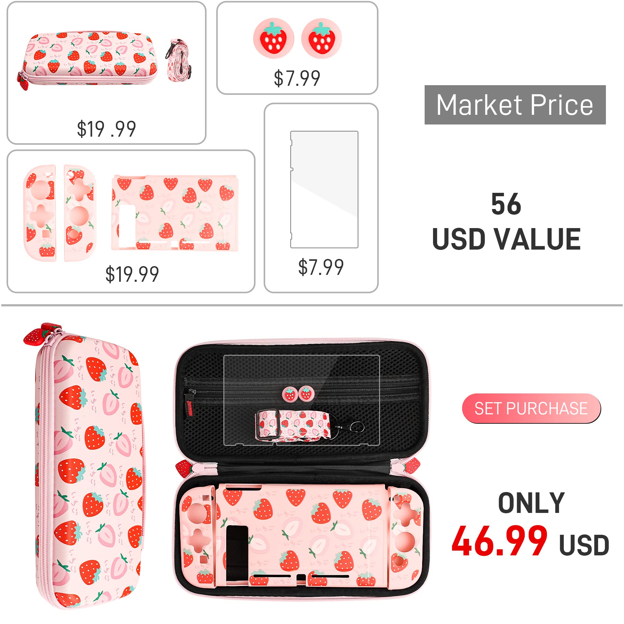 Hard Pink Carry Case Set Compatible with Nintendo Switch, Strawberry Pattern Accessories for Switch with Protective Shell, Screen Protector, Thumb Grip Caps, Adjustable Strap