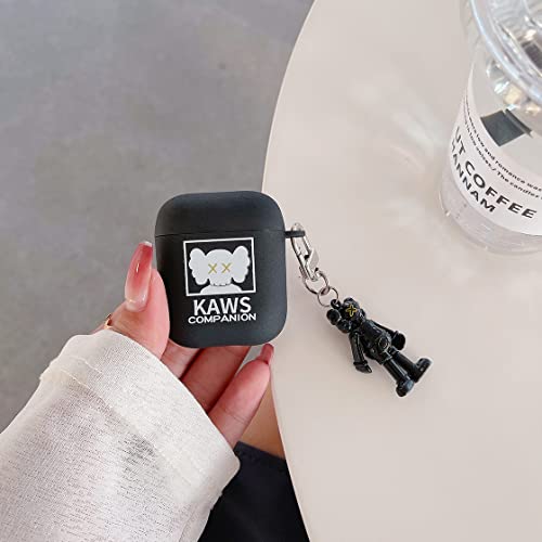 ZONOQX Compatible with Airpod 1/2 case ,Fashion Frosted TPU Shockproof case with Funny Keychain for Airpod 1/2 Suitable for Men and Wome . (Black-Faced Bear)