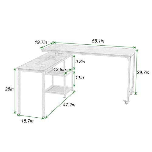 Need Mobile Computer Desk with Storage Shelves L-Shaped Rotating Corner Desk Home Office Desk Study Writing Desk with Wheels 55 Inches, Retro