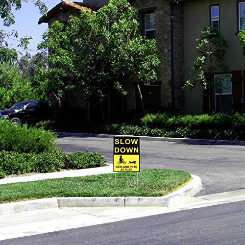 Kichwit 2 Pack Double Sided Slow Down Kids and Pets at Play Yard Signs with Metal Stakes, Sign Measures 11.8 x 15.7 Inches