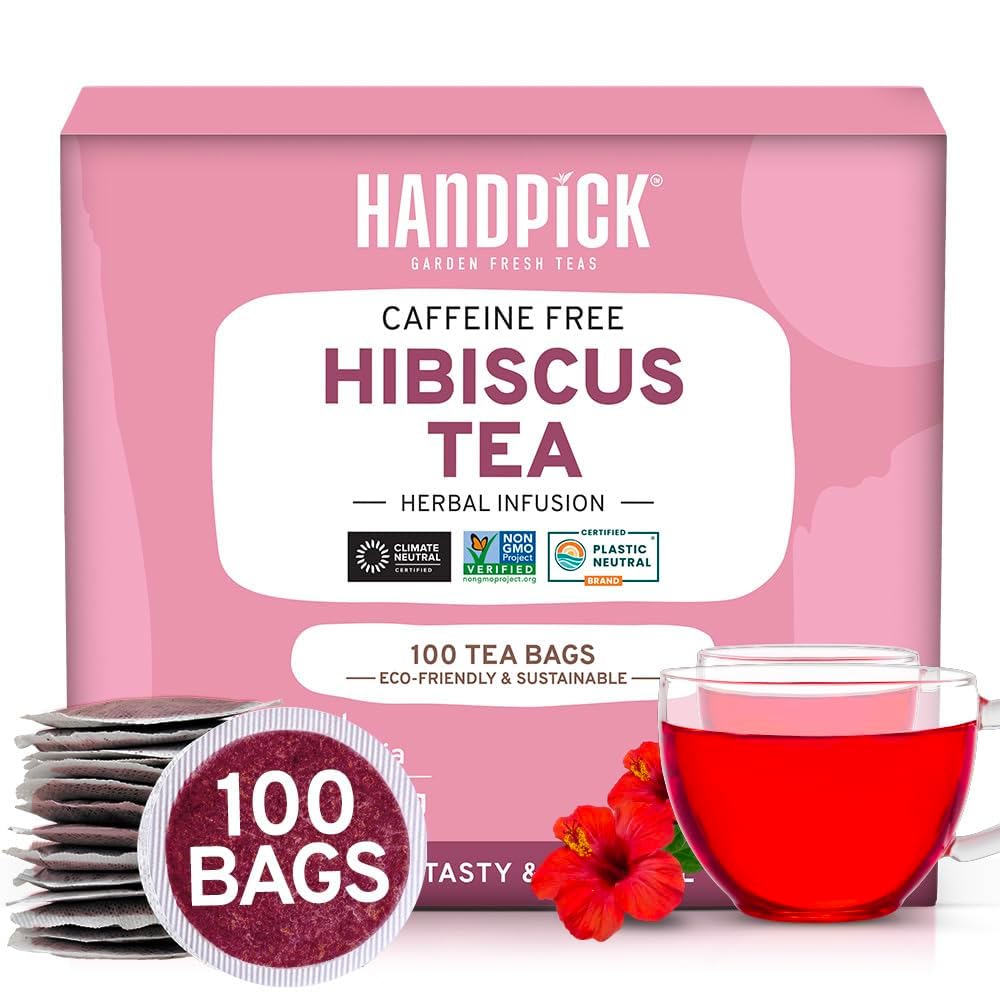 HANDPICK, Hibiscus Tea Bags - 100 Count | Caffeine-Free, Pure Ingredients - Hibiscus Flowers | Brew Hot, Iced Tea or Kombucha Tea | Round Nutritious Herbal Tea Bags