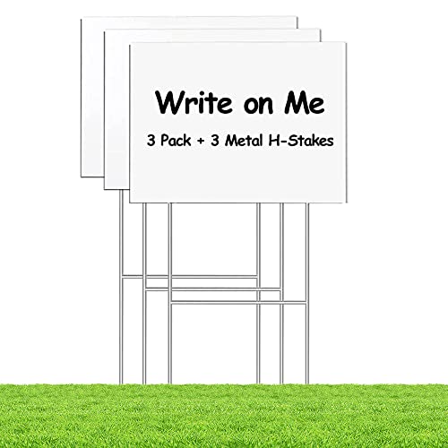 Kichwit 3 Pack Blank Yard Signs with Stakes, 17 x 12 Inches, White Plastic Yard Lawn Sign for Indoor or Outdoor Use