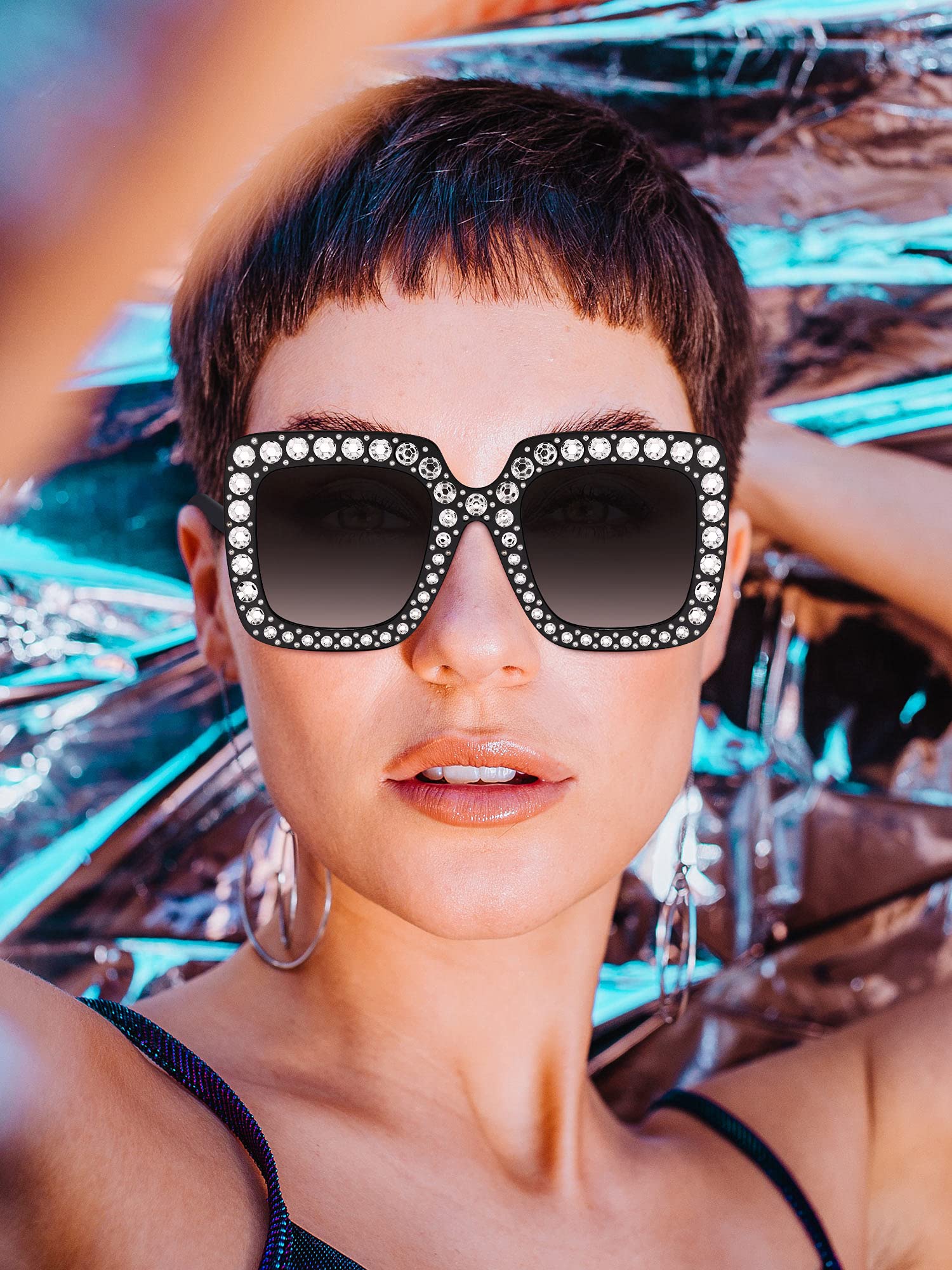 Frienda Crystal Oversized Sunglasses Square Diamond Sunglasses Rhinestone Frame Sunglasses for Women (Chic Colors,12 Pairs)