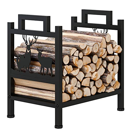 JINLLY Firewood Rack, 17.3 Inch Log Wood Storage Rack Holder with Elk Design, Adjustable Foot Pads and Handle, Outdoor Indoor Iron Fire Wood Rack Holder for Fireplace