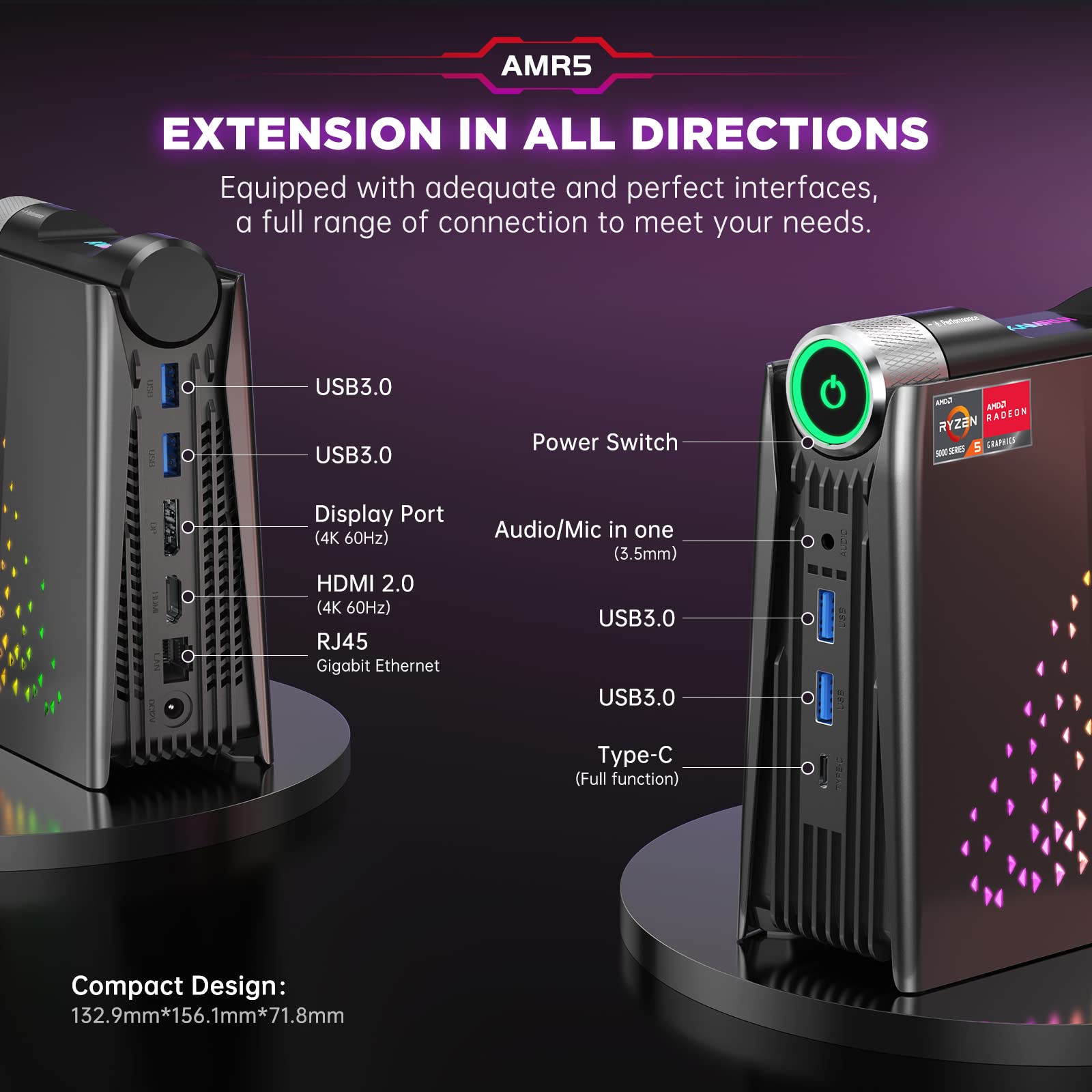 Mini PC AMD Ryzen 5 5600U Up to 4.2GHz with Windows 11 Pro 16GB RAM 512GB SSD Mini Computer, Radeon Vega 7 Micro PC Support PERF Adjustable, RGB Lights, Type-C+DP+HDMI 4K 3 Screens, Dual Band WiFi, BT