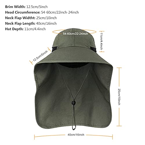Outdoor Sun Hat for Men with UV Protection Safari Cap Wide Brim Fishing Hat with Neck Flap, for Dad (Army Green)