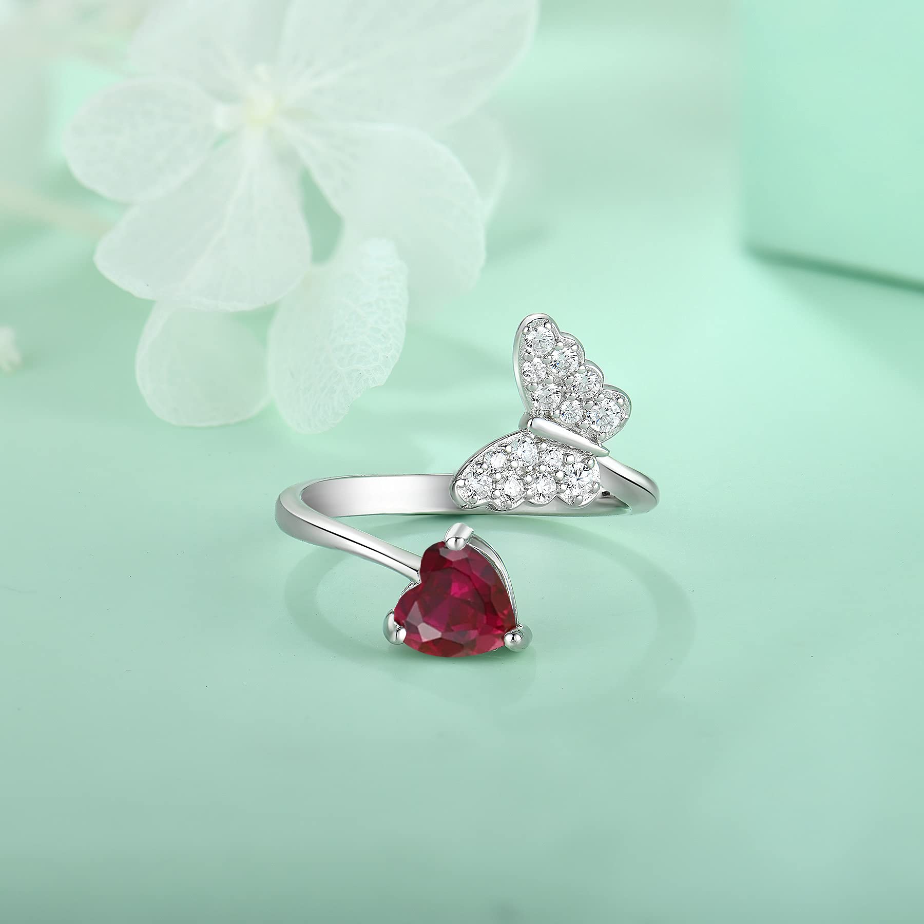 FJ 925 Sterling Silver Butterfly Ring Open Adjustable Ring Ruby July Birthstone Jewelry Gifts for Women Size 8