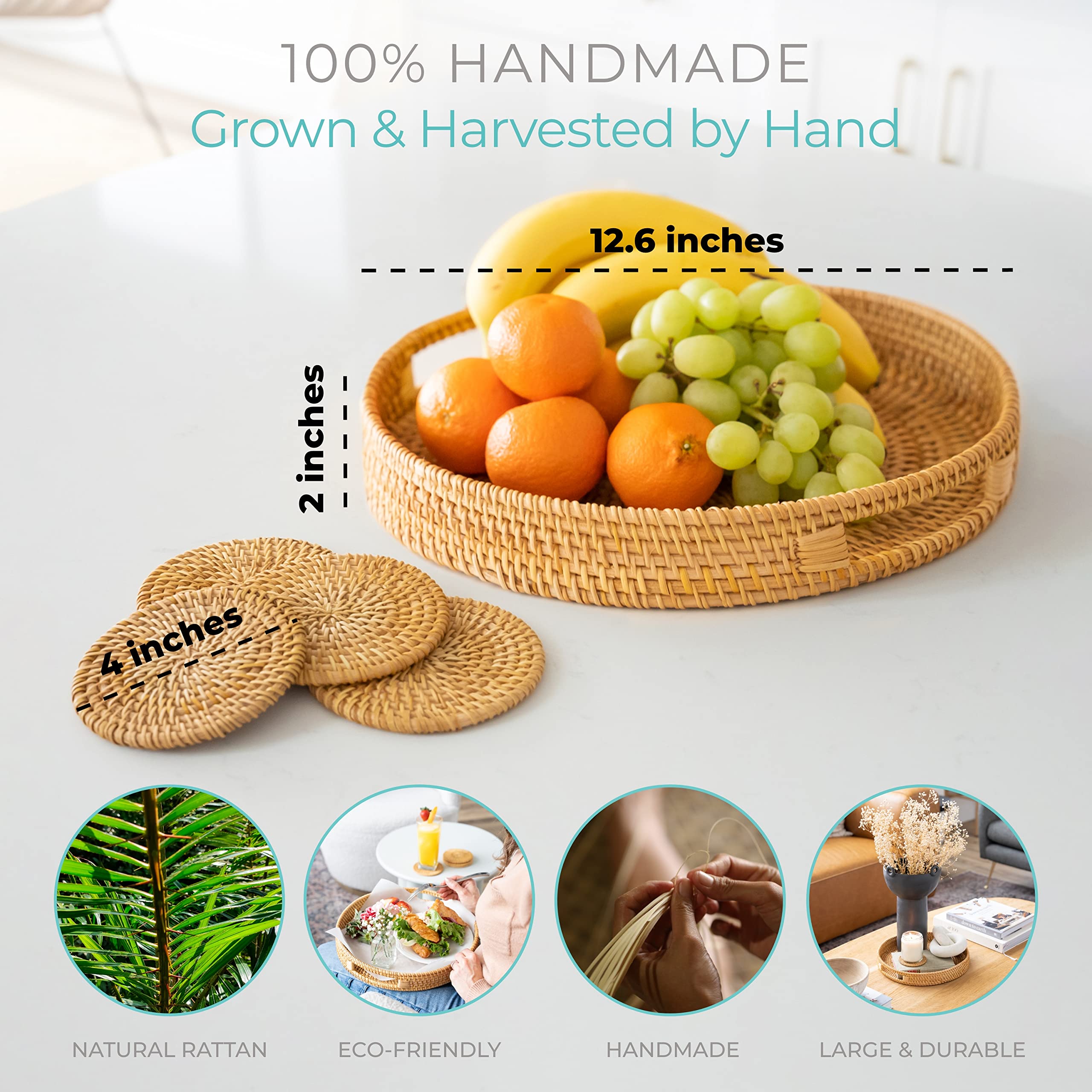 Handwoven 12.6" Large Round Rattan Serving Tray with Handles & Drink Coasters β Decorative Coffee Table Ottoman Woven Wicker Fruit Basket β Boho Circular Living Room Home Decor