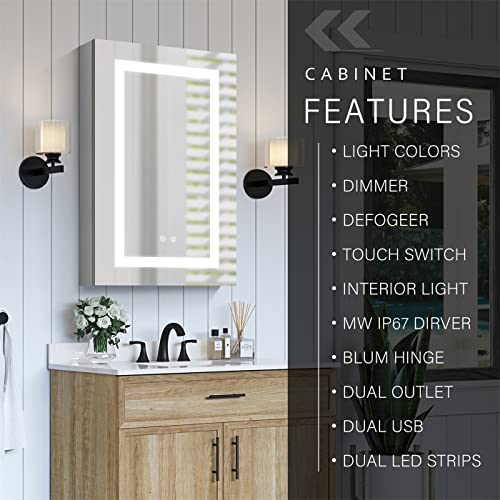 WELLFOR LED Lighted Medicine Cabinet with Defog Mirror, Mirrored Cabinet with Adjustable Shelves, Outlets & USB Ports, Recessed or Surface Bathroom Storage Cabinet, Single Left Opening Door, 20" X 30"