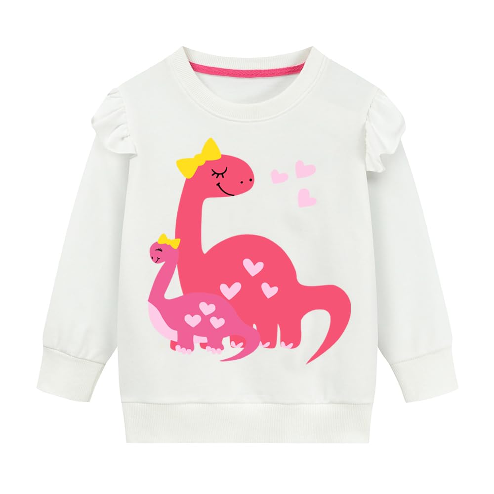 Little Hand Toddler Girls Shirts Dinosaur Heart Shirts Long Sleeve Ruffle Toddler Pullover White Sweatshirt 5t