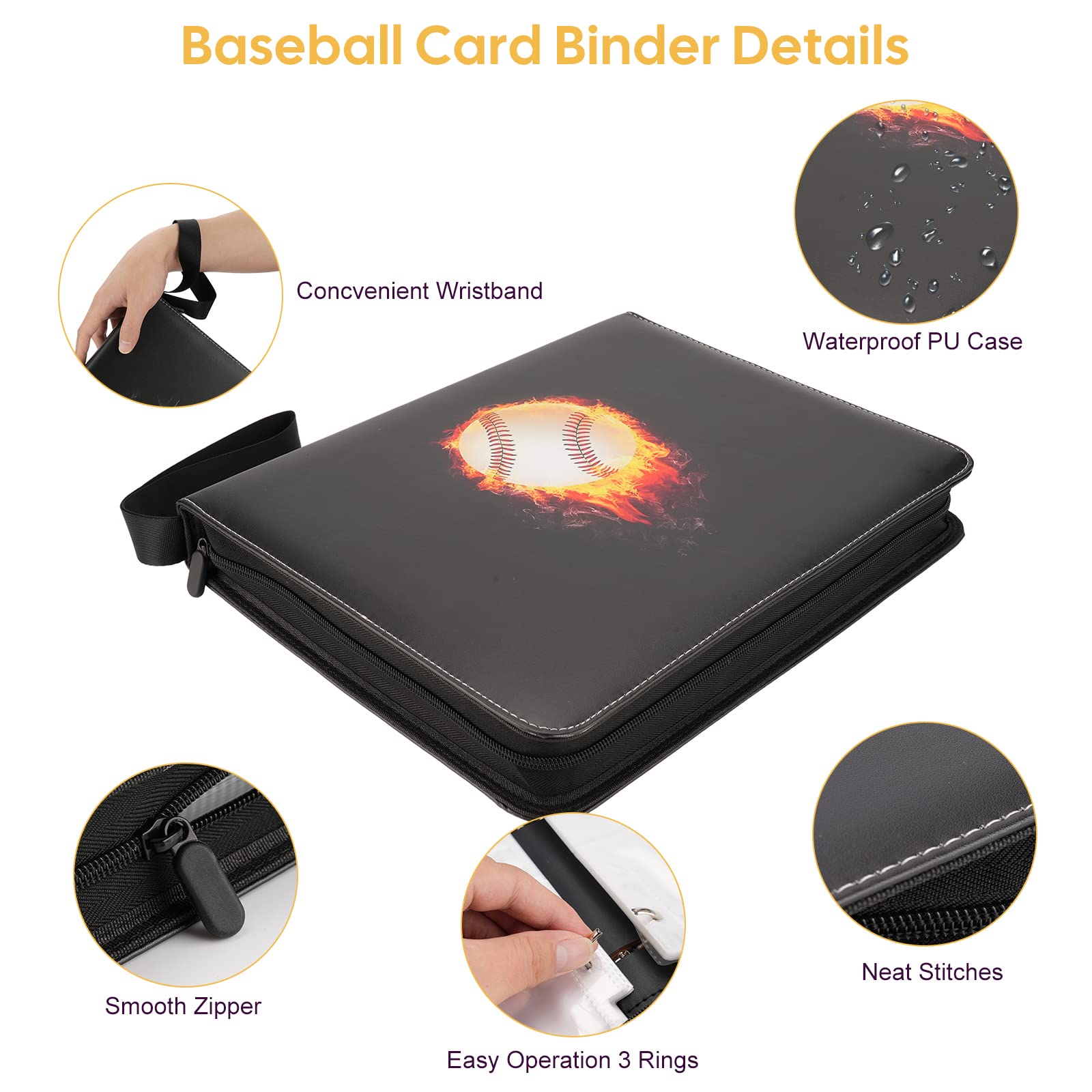 Ideashop 9-Pocket Baseball Card Binder with Removable Sleeves, 33.5cm x 27cm x 4.5cm, Black, Ideal for Collectors