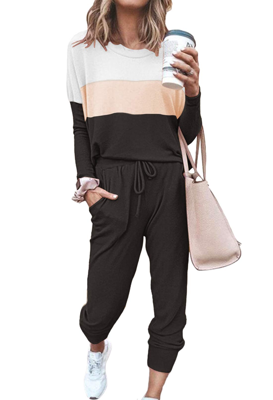 Fixmatti Women 2 Piece Outfit Long Sleeve Colorblock Shirt Pant Set Jogging Sweatsuit Black M