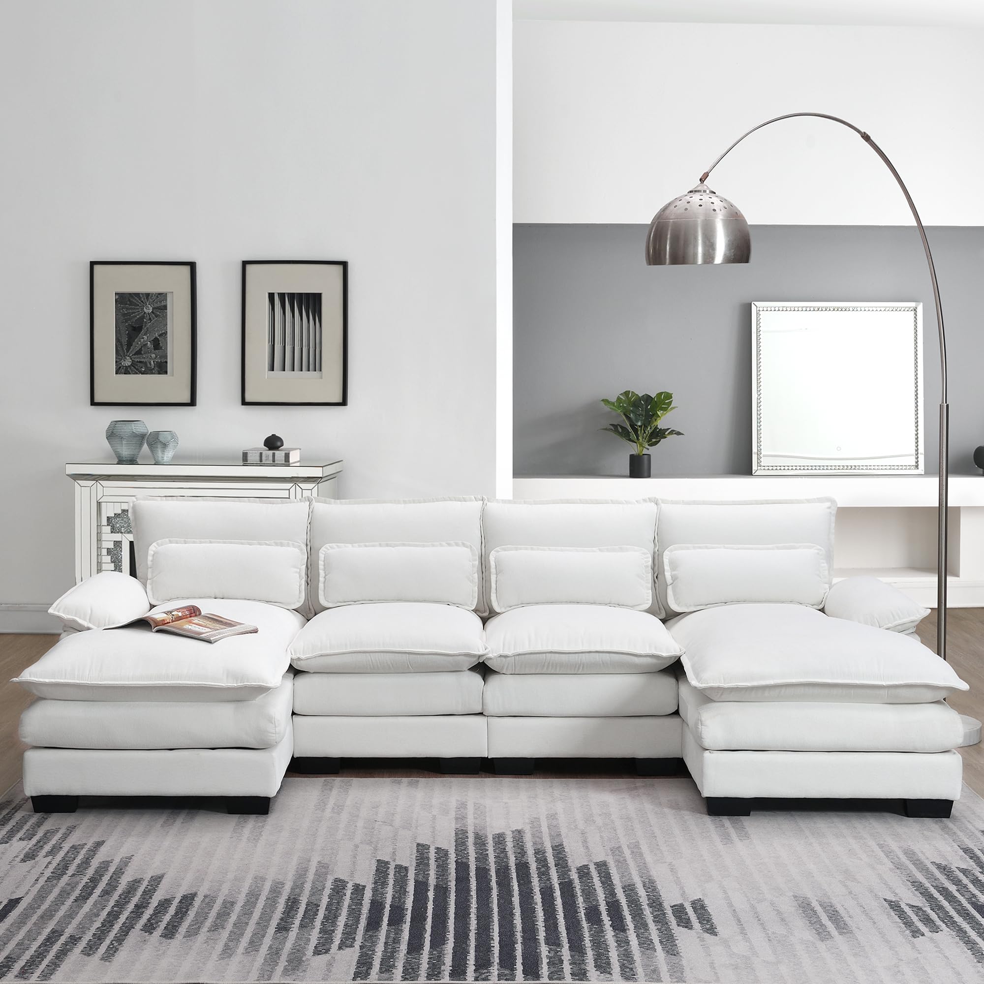 ONEMMLION U Shape Sectional Sofa Cloud Couch for Living Room, 110" Upholstery Comfy Modular Sofa, 4 Seat Chenille Modern Sleeper Sofa with Double Chaise & Memory Foam,White