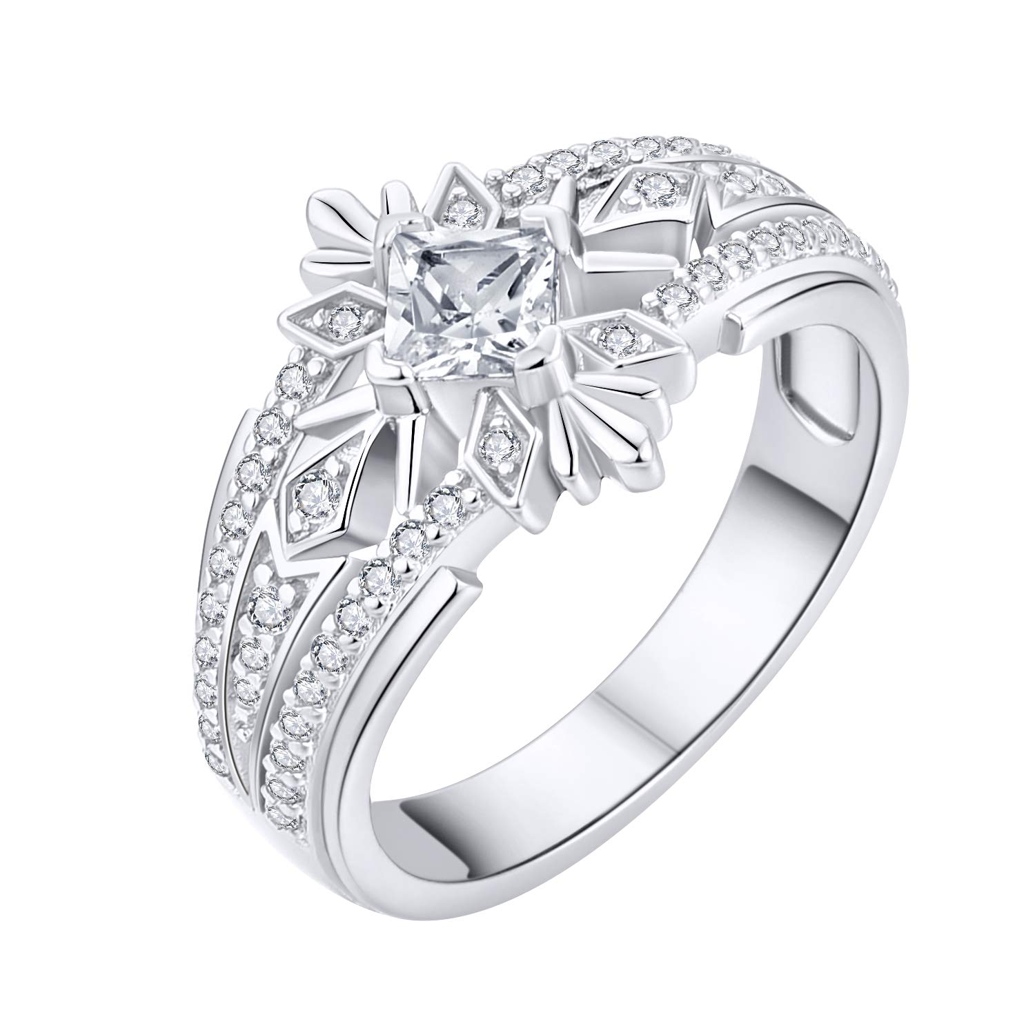 FJ Vintage Wedding Ring, Sterling Silver with Diamond Cut Stone, Square Stone Princess Ring (Size 6)