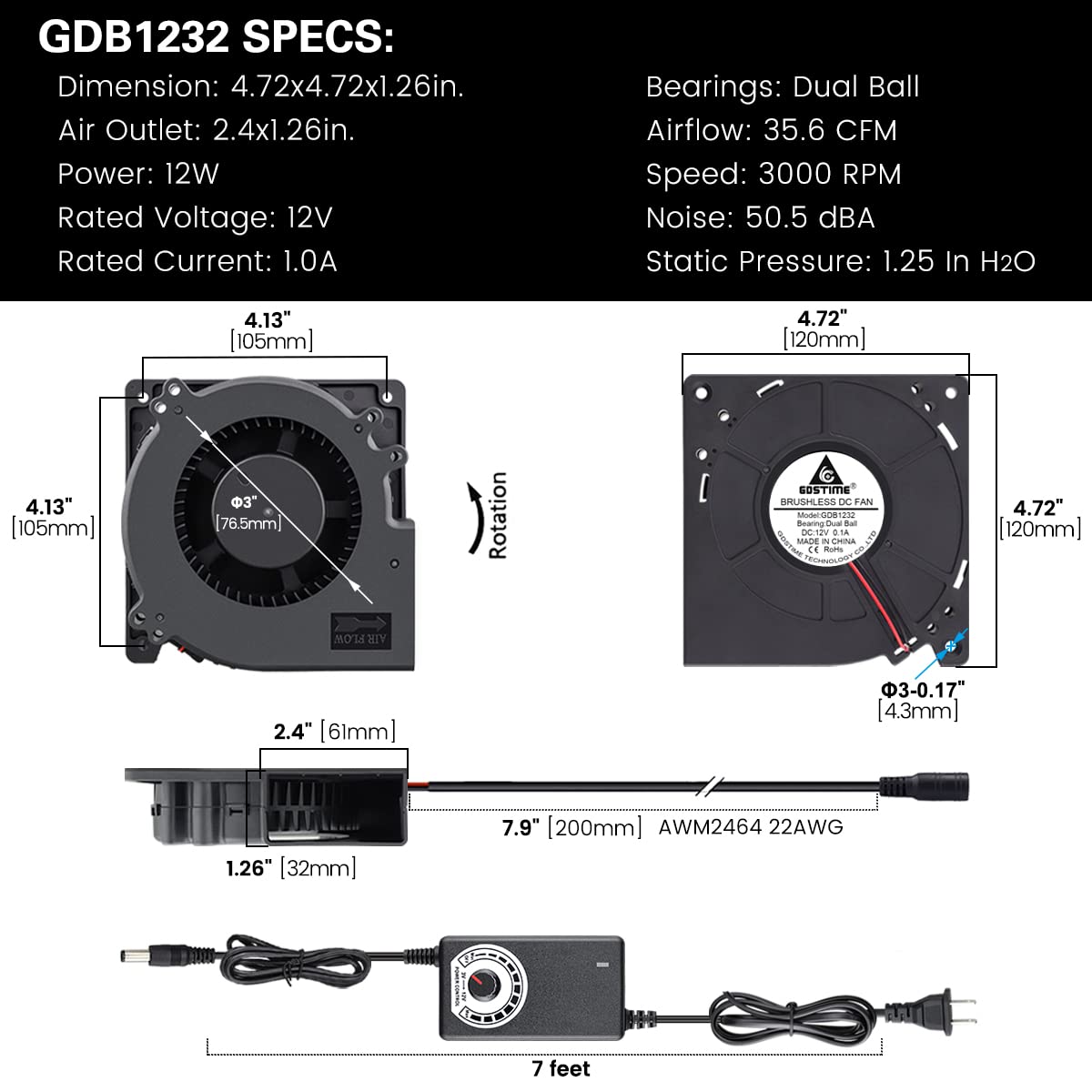 GDSTIME 120mm Blower Fan, AC 110V 220V DC 12V Powered Fan with Speed Control, for Receiver DVR Xbox Modem AV Cabinet Cooling