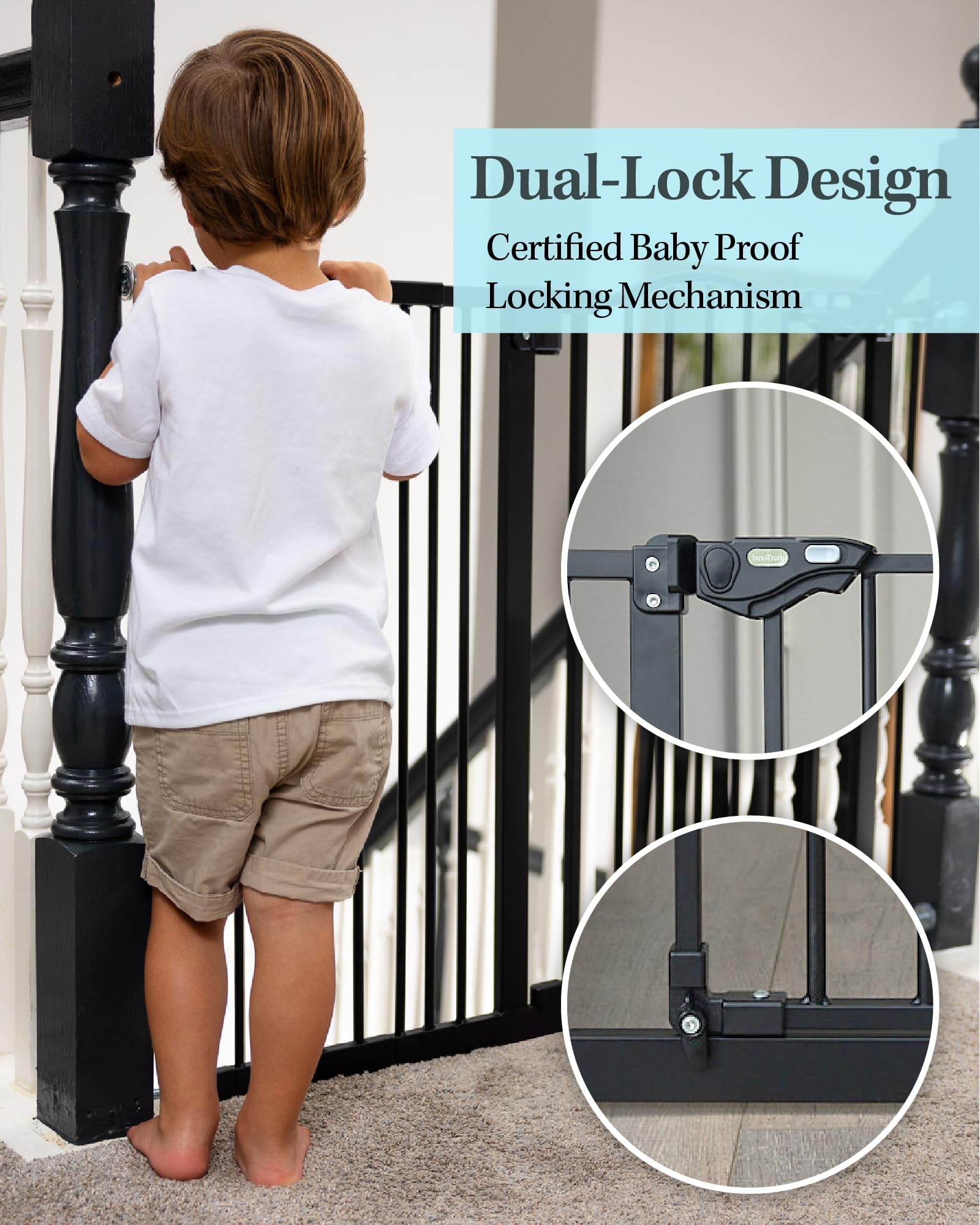 InnoTruth 39.6” Dog Gate for Stairs & Doorways, 30" Tall Baby Gate Pressure Mount Pet Gates, Easy Step Auto Close Both Sides Walk Thru Child Gate, Dual-Lock Safety Design and One-Hand Opening, Black