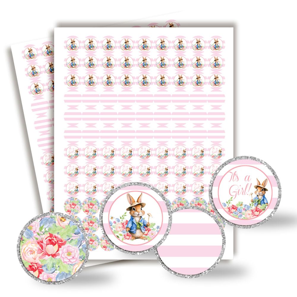Little Rabbit Girl Baby Shower Kiss Sticker Labels, 300 Party Circle Stickers Sized 0.75 inches for Chocolate Drop Kisses by Amanda Creation, Great for Favors, Treats, Envelope Seals & Goodie Bags