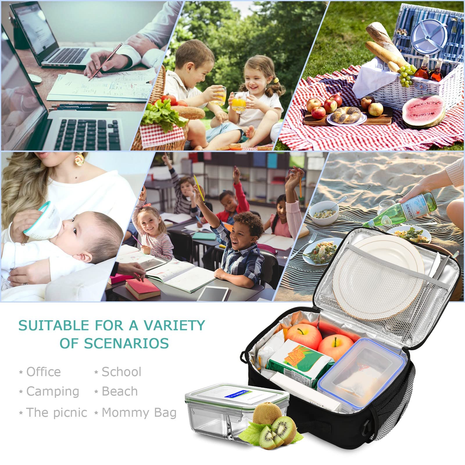 Glaphy Video Game Pattern Black Lunch Bag, Cooler Lunch Tote Box Insulated Lunch Bags Food Container for Boys Girls Kids