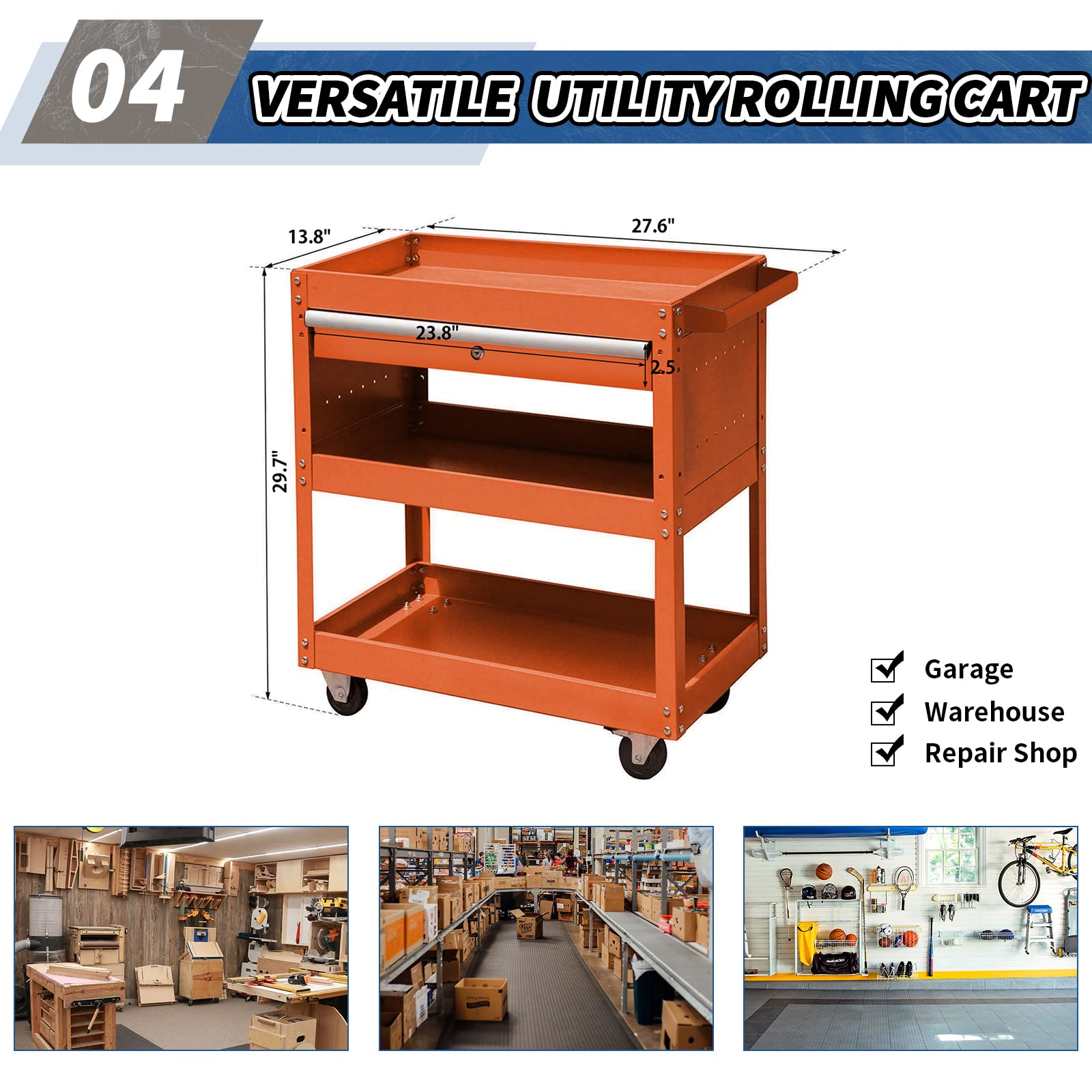 Generic 3-Tray Tool Cart on Wheels, Orange, 300 Lbs Capacity, with Drawers, Rolling Tool Cart, Ideal for Garage, Warehouse, Repair Shop
