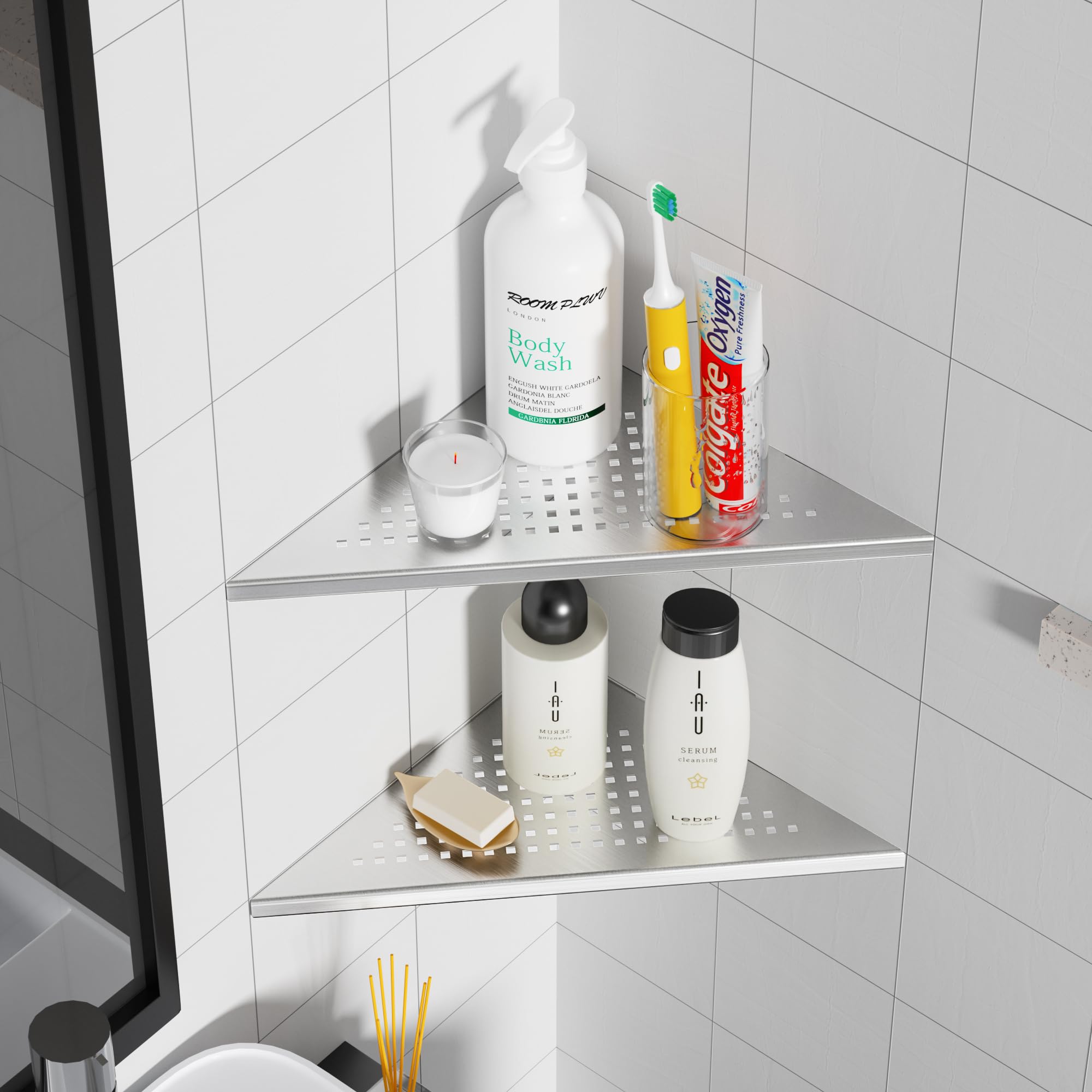 Neodrain 10 Inch Brushed Corner Wall Shelf Set of 2, Floating Corner Shelves for Wall, 304 Stainless Steel Wall Storage Shelves for Bathroom,No Drilling