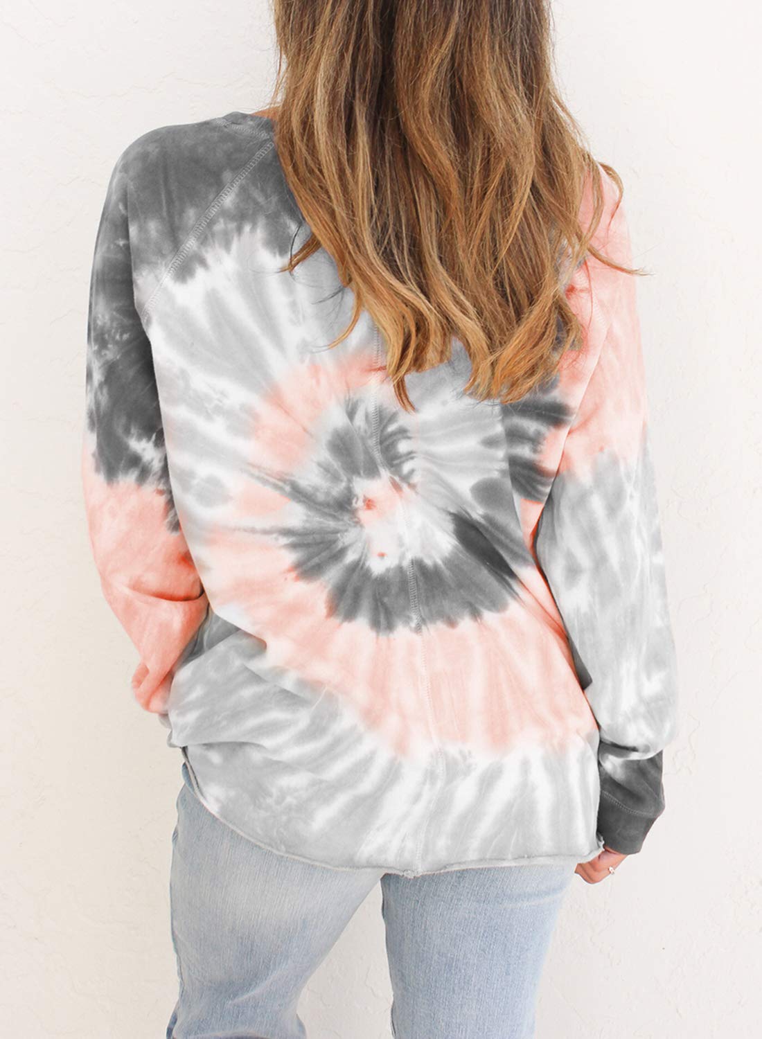 Eytino Women Tie Dye Printed Crew Neck Long Sleeve Pullover Sweatshirt Tops,Large Gray