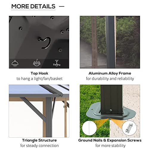 Outsunny 12' x 14' Hardtop Gazebo Canopy with Polycarbonate Sngle Roof, Outdoor Gazebo with Sidewalls for Patio, Garden, Backyard, Deck, Gray and Brown