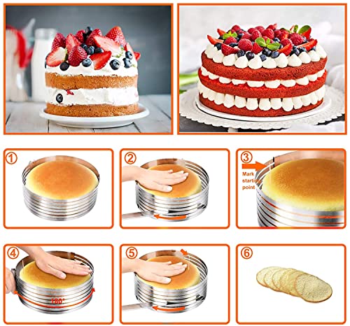 HAOYING 4 PCS Bakeware Set, 7-Layer Cake Slicer Cutter 9.5"-12",Cake Ring 6"-12", Square Cake Mold 6"-11", Heart Shape Cake Mold 4", Stainless Steel Pastry Slicing Rings Mousse Mould Baking Tools