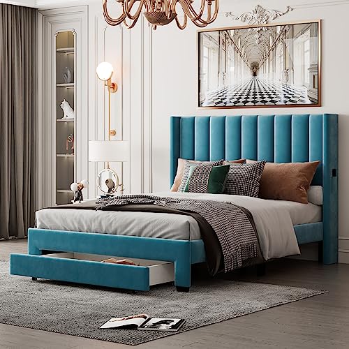 OTRIEK Queen Size Velvet Upholstered Platform Bed Frames with Large Storage Drawer, Mid-Century Modern Royal Platform Bed with Headboard, Sturdy Wood Slat Support for Bedroom Boys Girls (Blue)