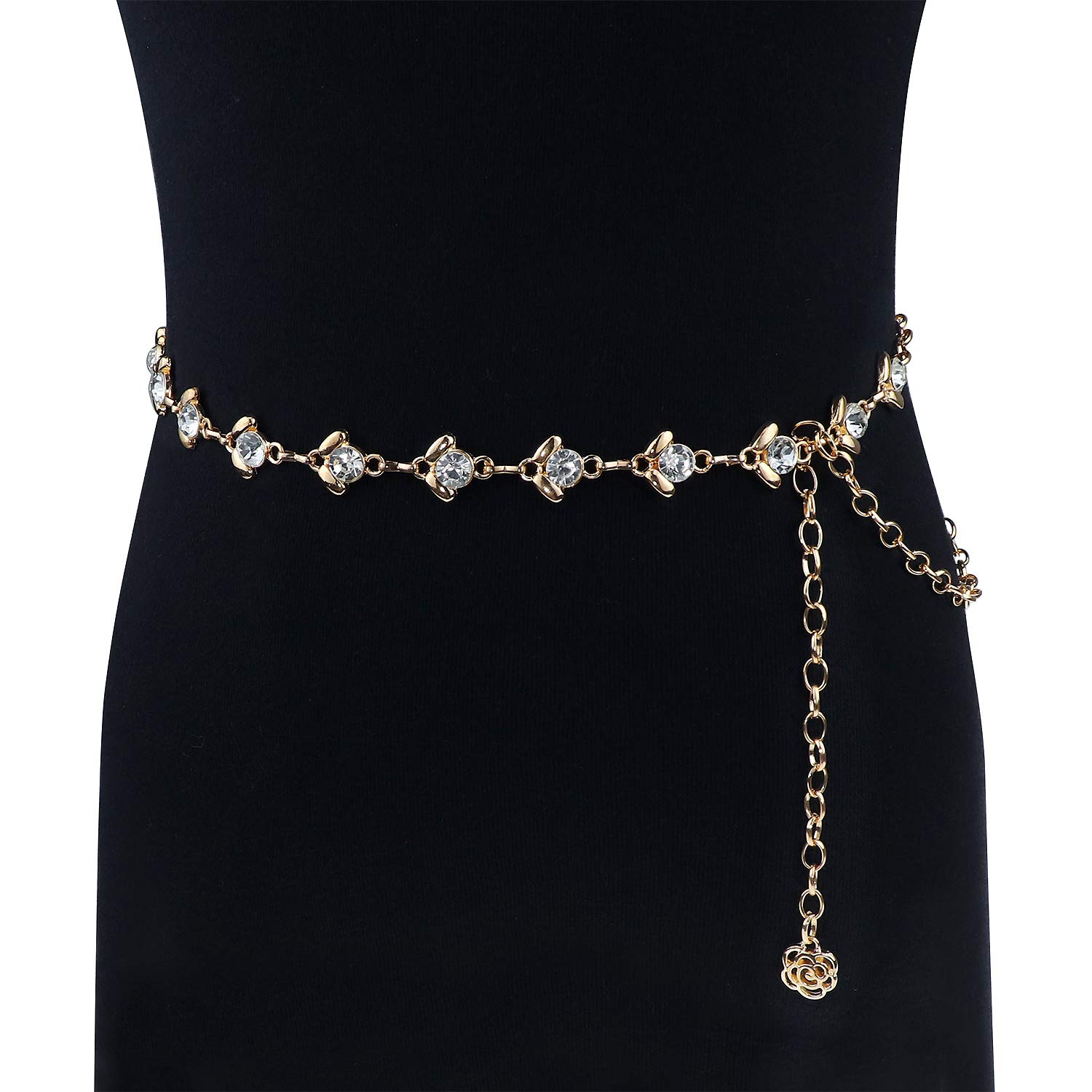DTWAWA Chain Belts for Women, Adjustable Rhinestone Waist Chain for Dress (Gold-120Centimeters)