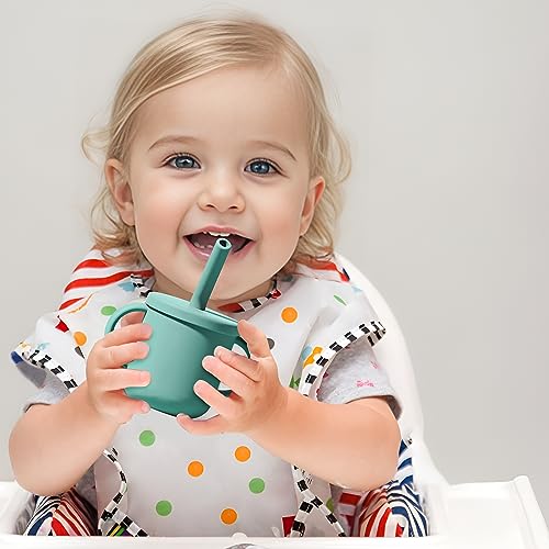 Hippywell 100% Silicone Baby Straw Cup, Baby and Toddler Training Cup with Lids and Non-Slip Handles, Silicone Training Cup with Straw, 5Oz Straw Training Cup, 6+ Months, Green