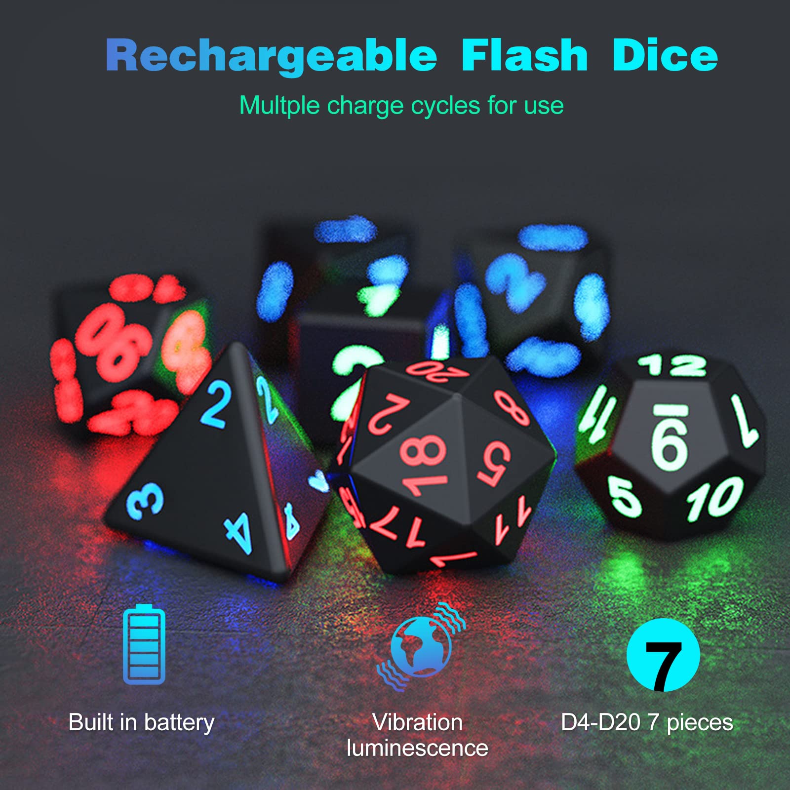 Glowing Dice Set, 7Pcs Light Up Dice Polyhedron with Charging Box, USB Rechargeable Electronic Dice, Luminous DND Dice Glowing in The Darkness, Role Playing Table Games, D&D, TTRPG Games
