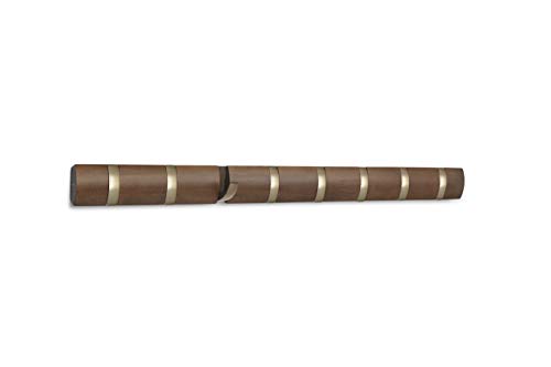 Umbra Flip Wall-Mounted Coat Rack Rail Hook for Hats, Jackets, Bags and More β Modern, Space-Saving Storage Organizer for Entryway, Mudroom, Closet, Bathroom, Bedroom, Kids Room, or Nursery, 8 Hooks, Light Walnut/Gold