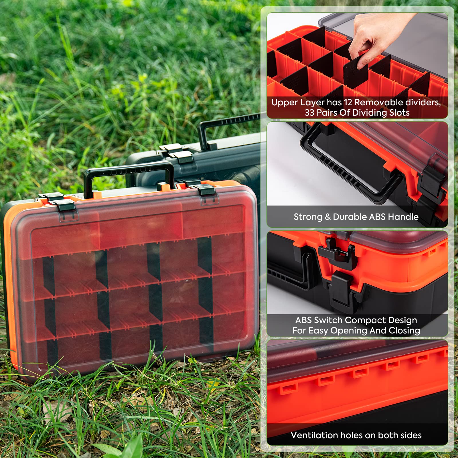 Goture Large Tackle Box with Secure Locks, Adjustable Divider Removable 33 Small Bin Compartments Hardware 15.15'' 10.8'' 3.4'' Box Storage for hook, bait, reel, swivel, Hardware, Screws, Bolts DOUBLE