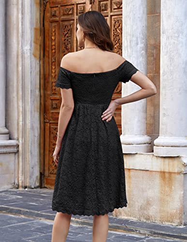 Women's Wedding Dress Short Sleeve Lace Dress Bridal Shower A Line Bridsmaid Party Dresses Black M