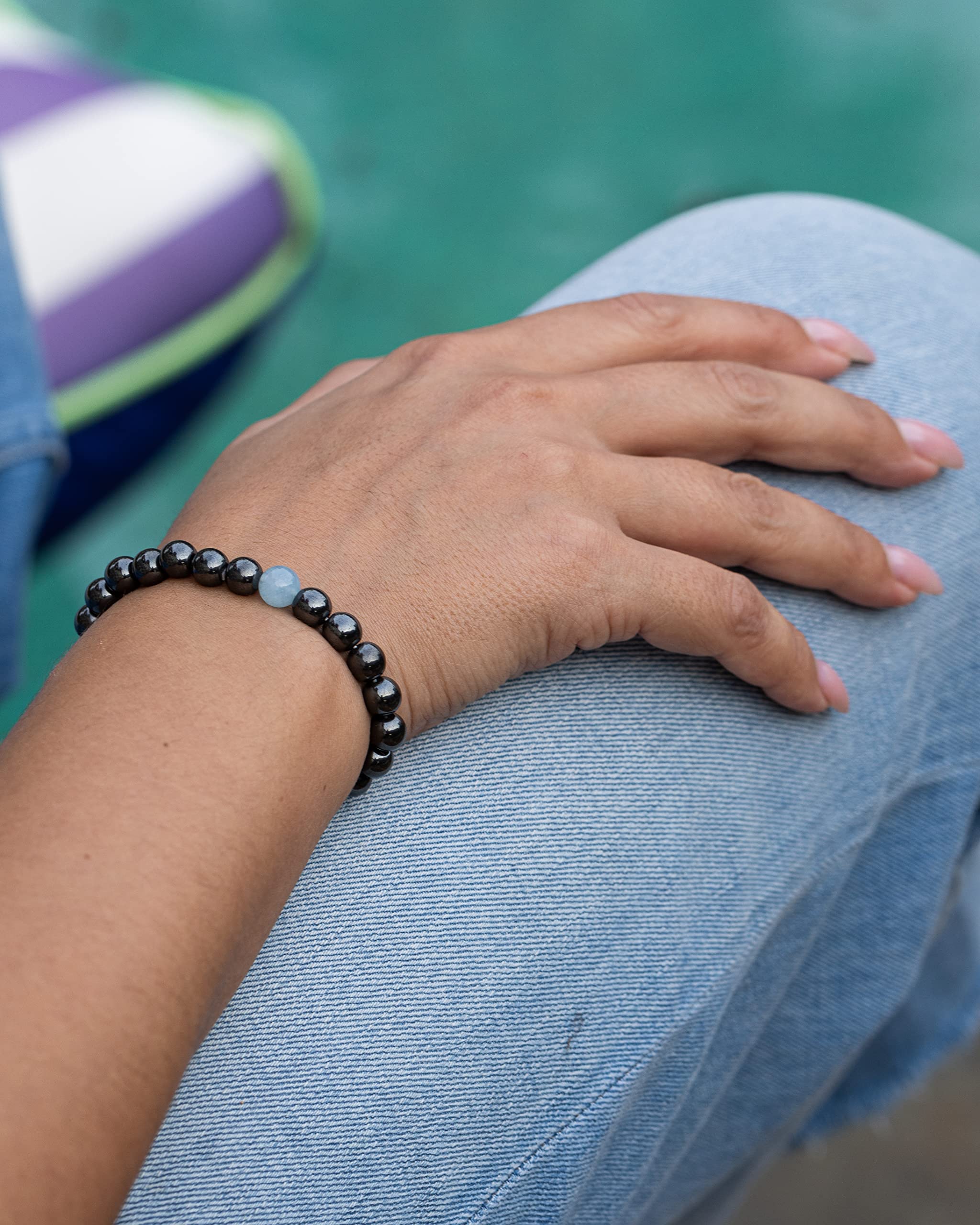 Ezina Designs - Alaskan Magnetic Black Hematite & Glacial Water Cleansed Aquamarine Stretch Bracelet