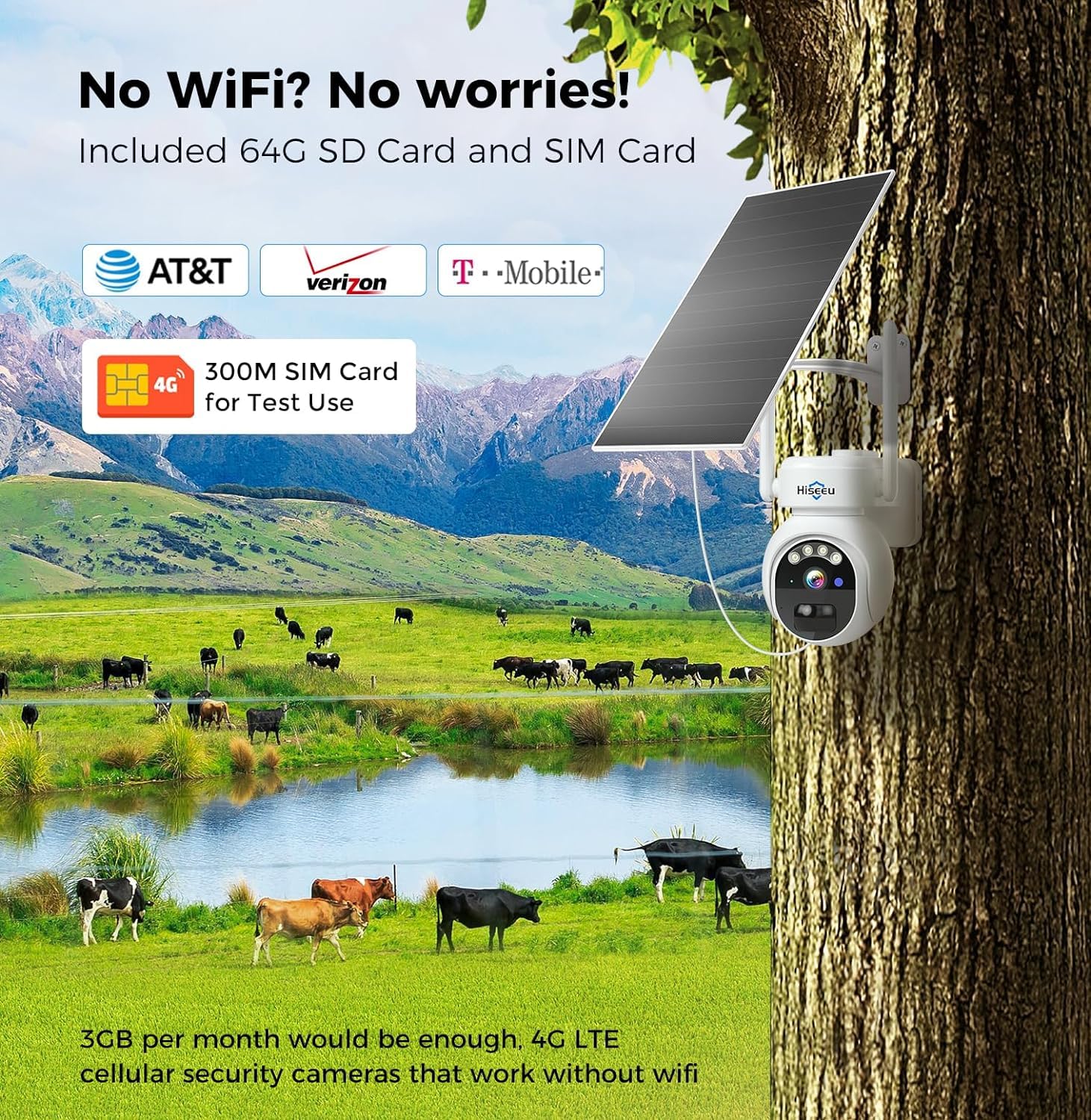Hiseeu 4G LTE Cellular Security Camera Without WiFi, 2K HD Color Night Vision Outdoor Camera Wireless Solar Powered, 2-Way Talk,IP66 Waterproof,PIR Human Detection, SIM Card Included