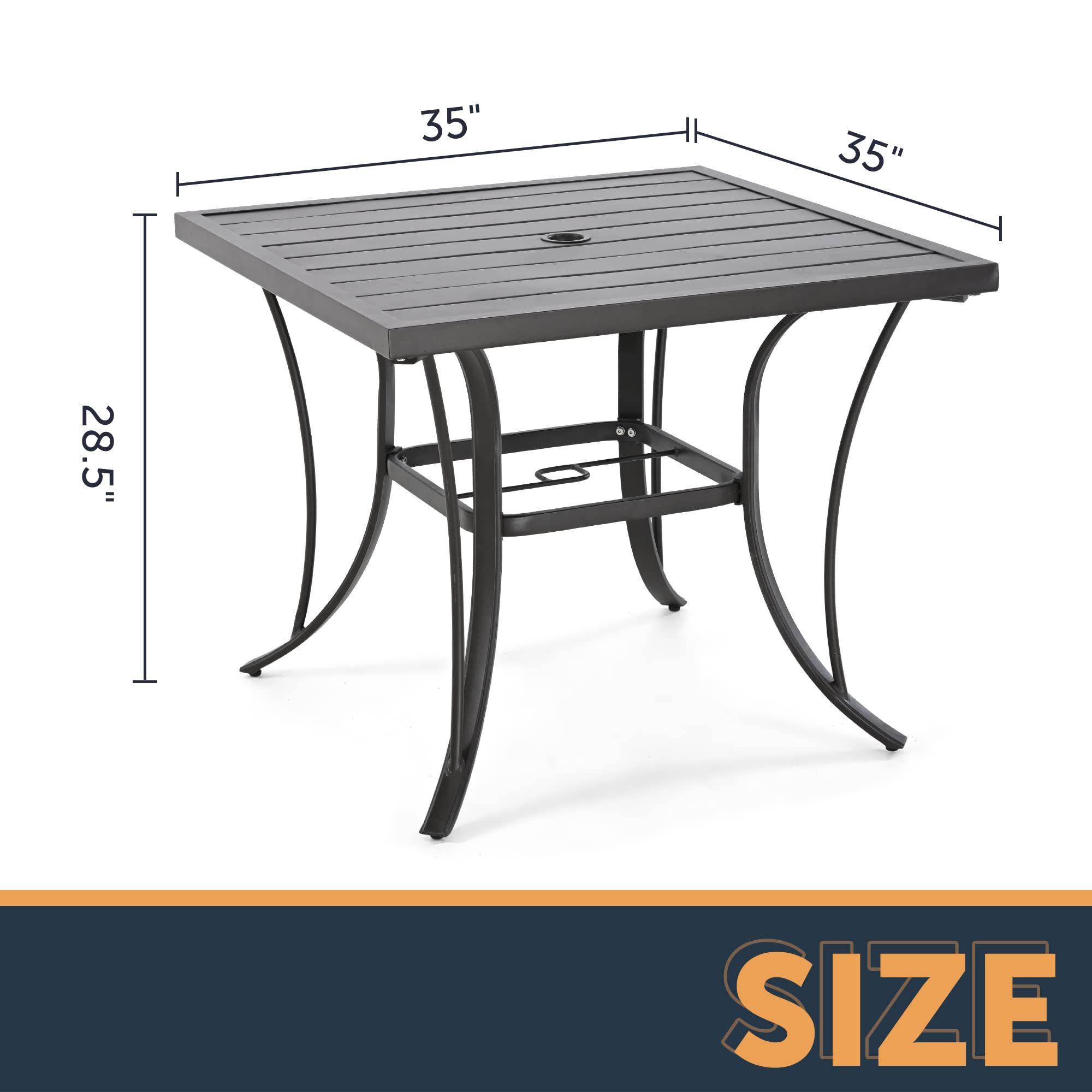 HAPPATIO Patio Dining Table, 4 Person Brown Square Patio Backyard Furniture Table Metal Steel Slat Patio Dining Table with Umbrella Hole Dia 2"(35" x 35" x 28.5")